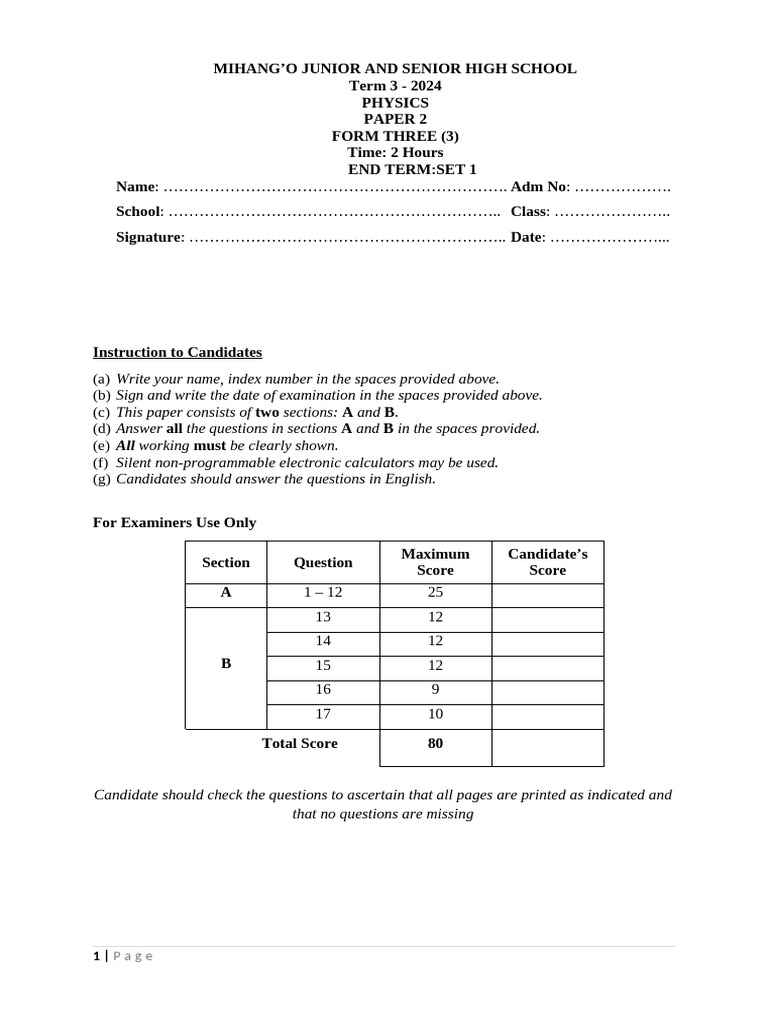 Term 3 Physics Exam Paper 2024 | PDF | Electromagnetism | Electrical ...