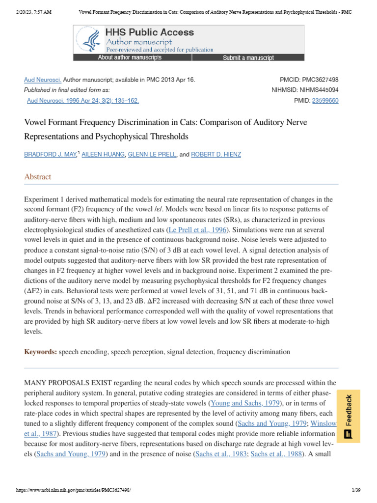 Vowel Formant Frequency Discrimination In Cats Comparison Of Auditory Nerve Representations And