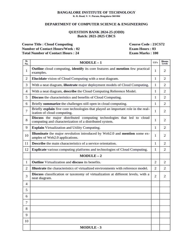 21CS72 - CC - Bjjcbquestion Bank - 2024-2025 | PDF | Cloud Computing | Computing