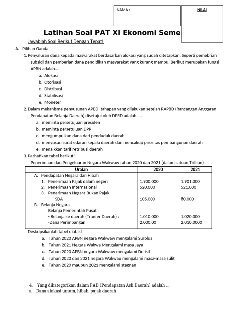 Latihan Soal PAT XI Ekonomi Semester II | PDF