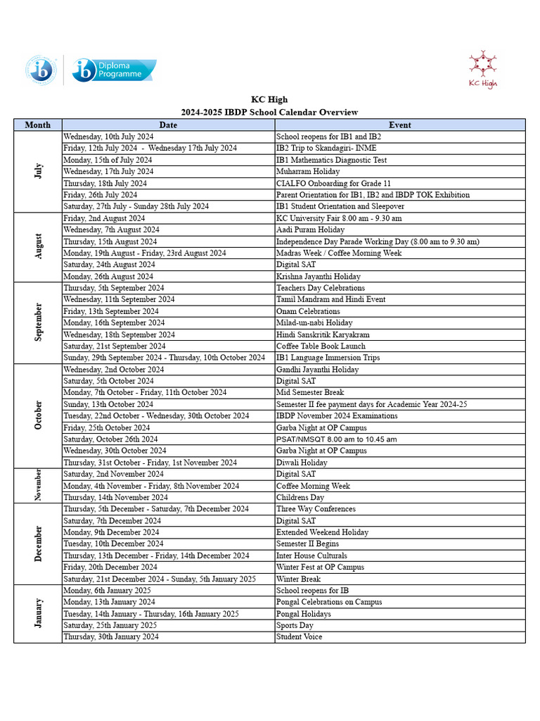 2024-2025 - IBDP School Calendar - Corrected. | PDF | Academic Term