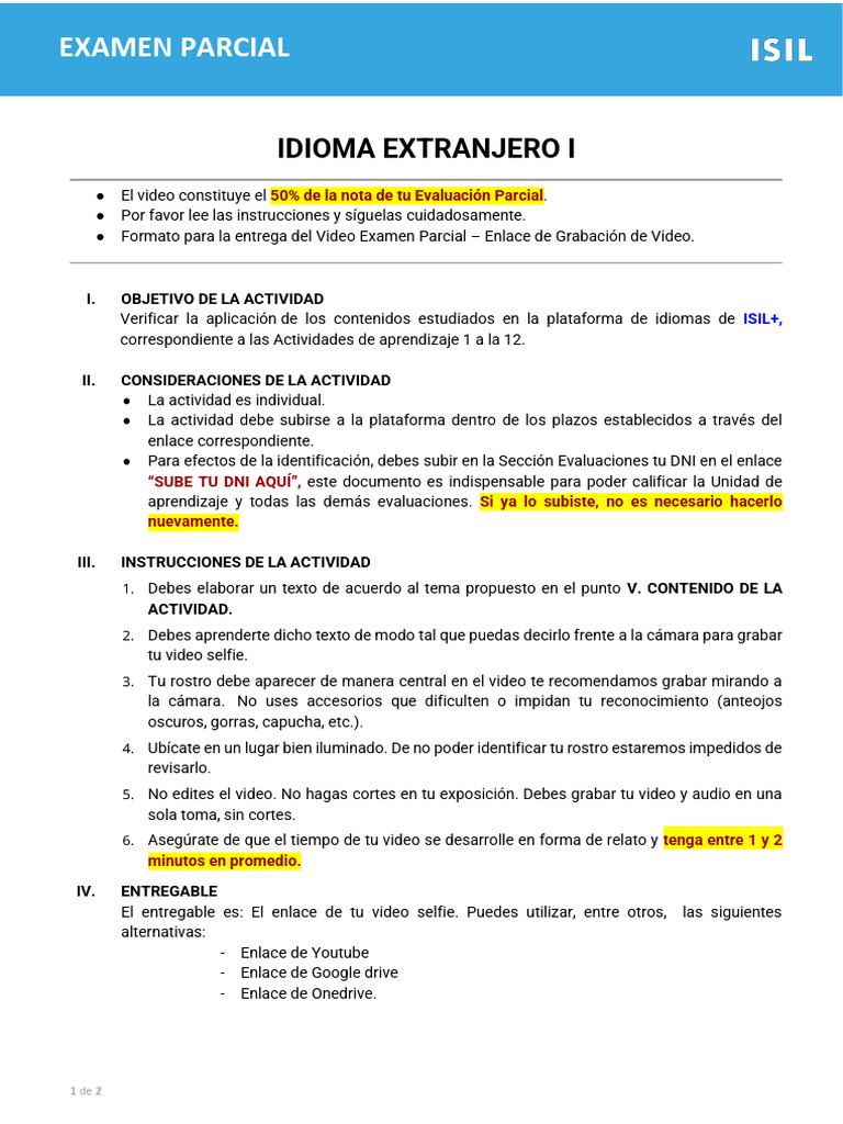 Examen Parcial. Idioma Extranjero I | PDF | Documento de identidad