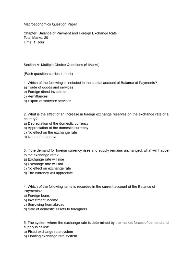 Macroeconomics Exam: Balance of Payments | PDF