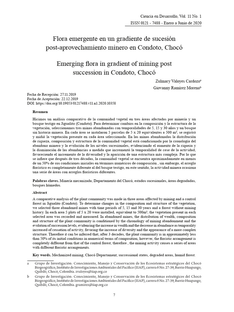 Flora Emergente en Un Gradiente de Sucesión Vegetal en Condoto Chocó ...