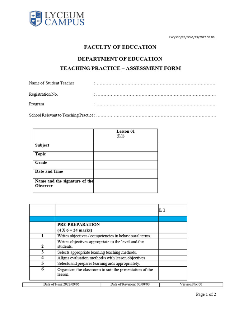 Teaching Practicum Evaluation sheet-DECDE | PDF | Teachers | Teaching ...