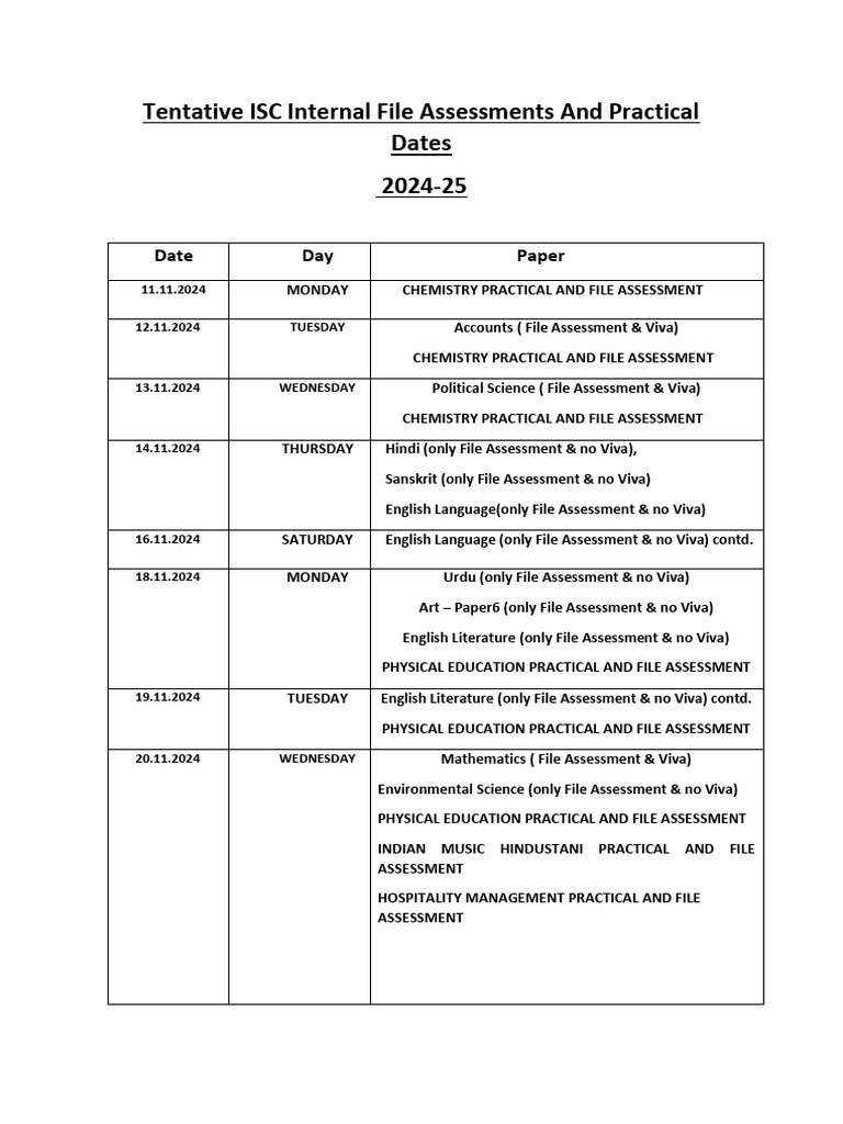 Revised Isc File Assessment and Practical Dates 2024 | PDF | Science
