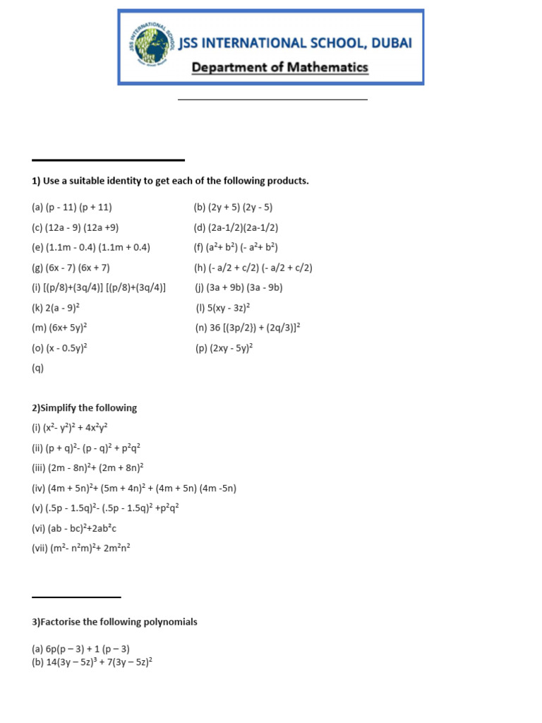 GR 8 AL Identities and Factorisation | PDF
