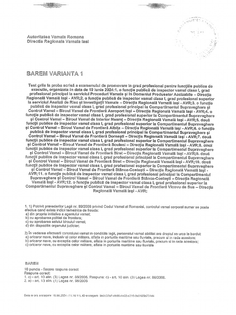 Barem Varianta 1 Subiecte CSCV, SARIV, SPVPA Examen Promovare in Grad Profesional Functionari ...