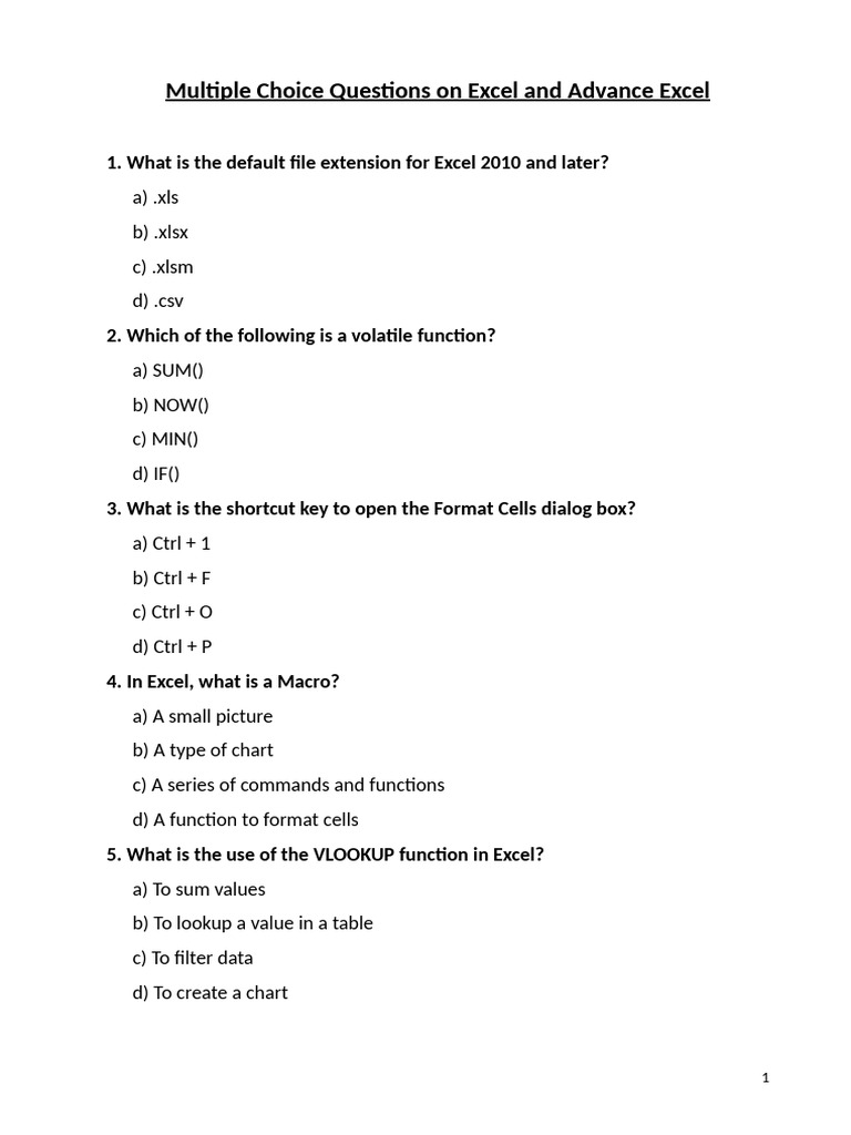 Multiple Choice Questions On Excel and Advance Excel | PDF | Microsoft ...