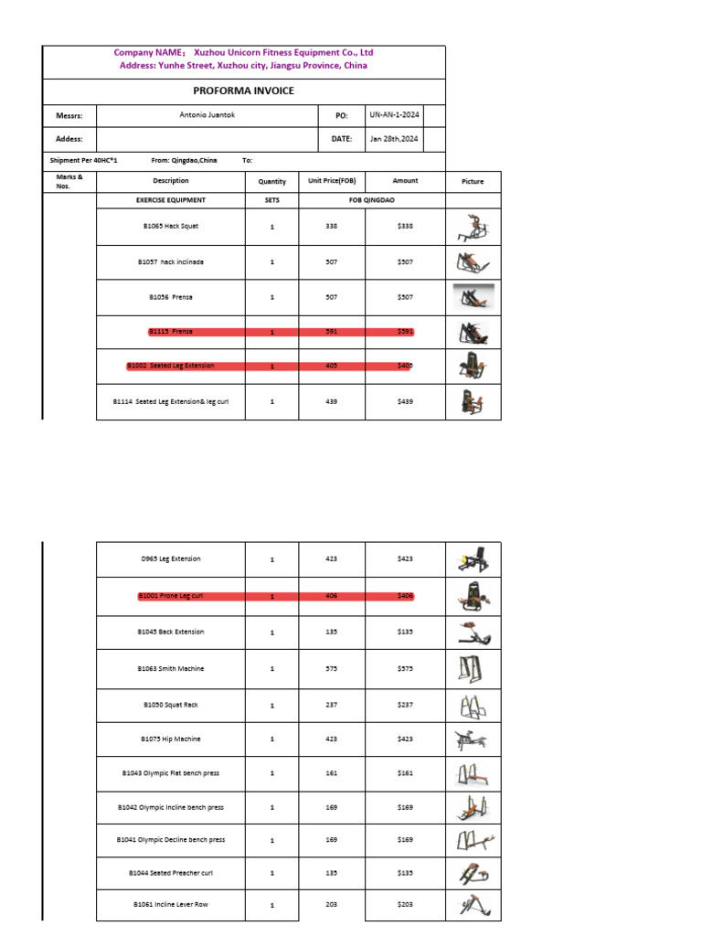 Fitness Equipment Proforma Invoice | PDF | Weight | Strength Training