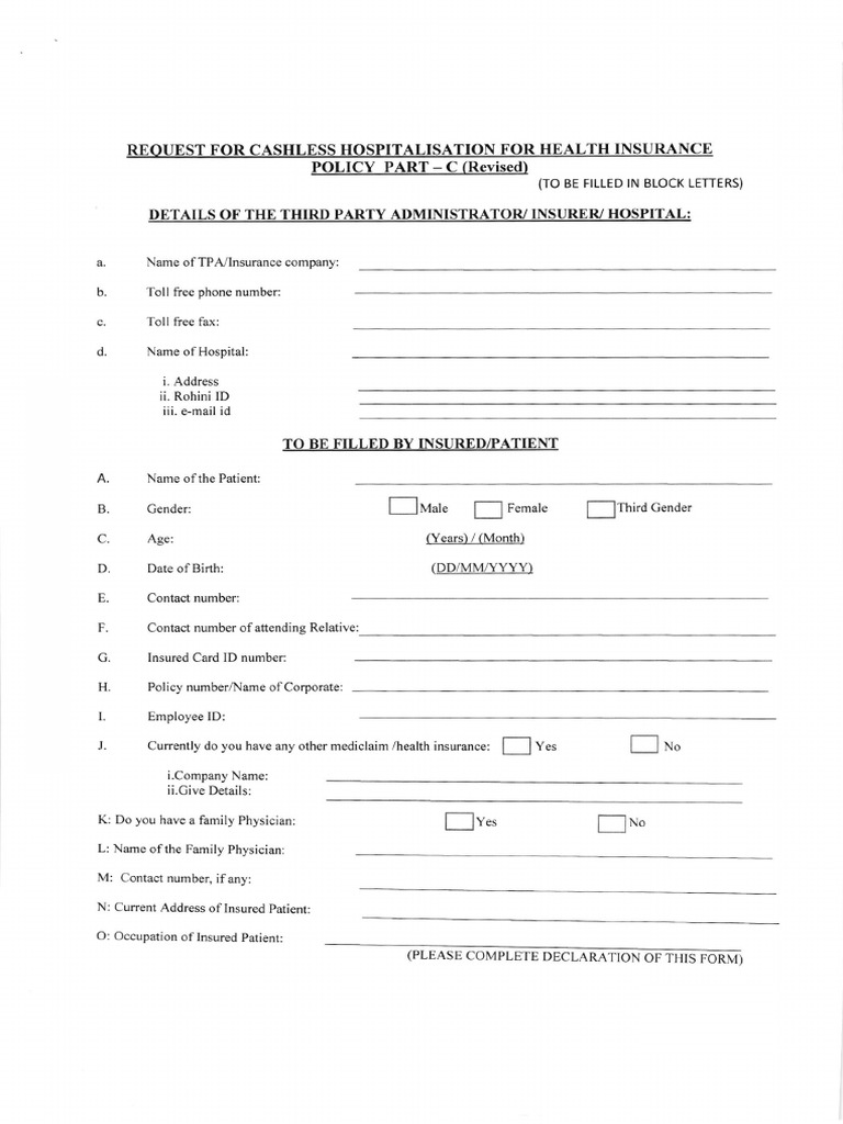 Cashless Hospitalization Request Form | PDF | Insurance | Intensive ...