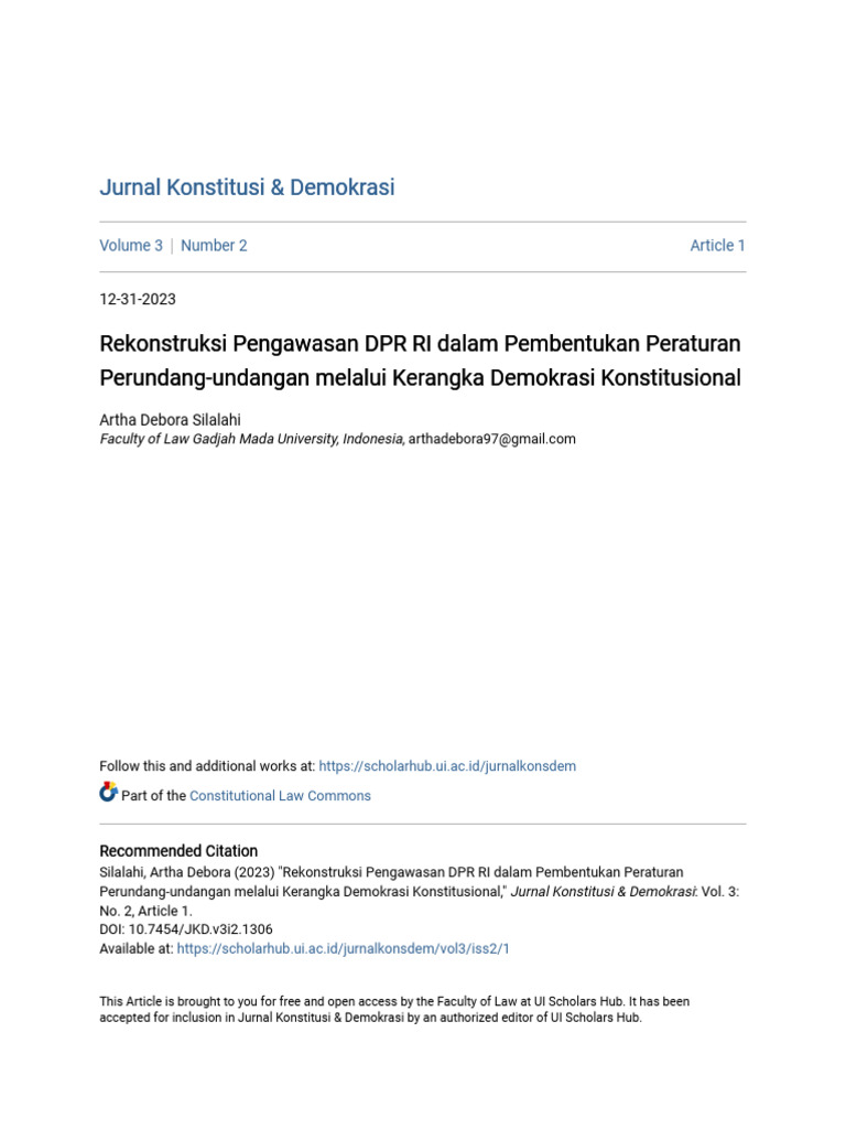 Rekonstruksi Pengawasan DPR RI Dalam Pembentukan Peraturan Perundang-Undangan Melalui Kerangka ...