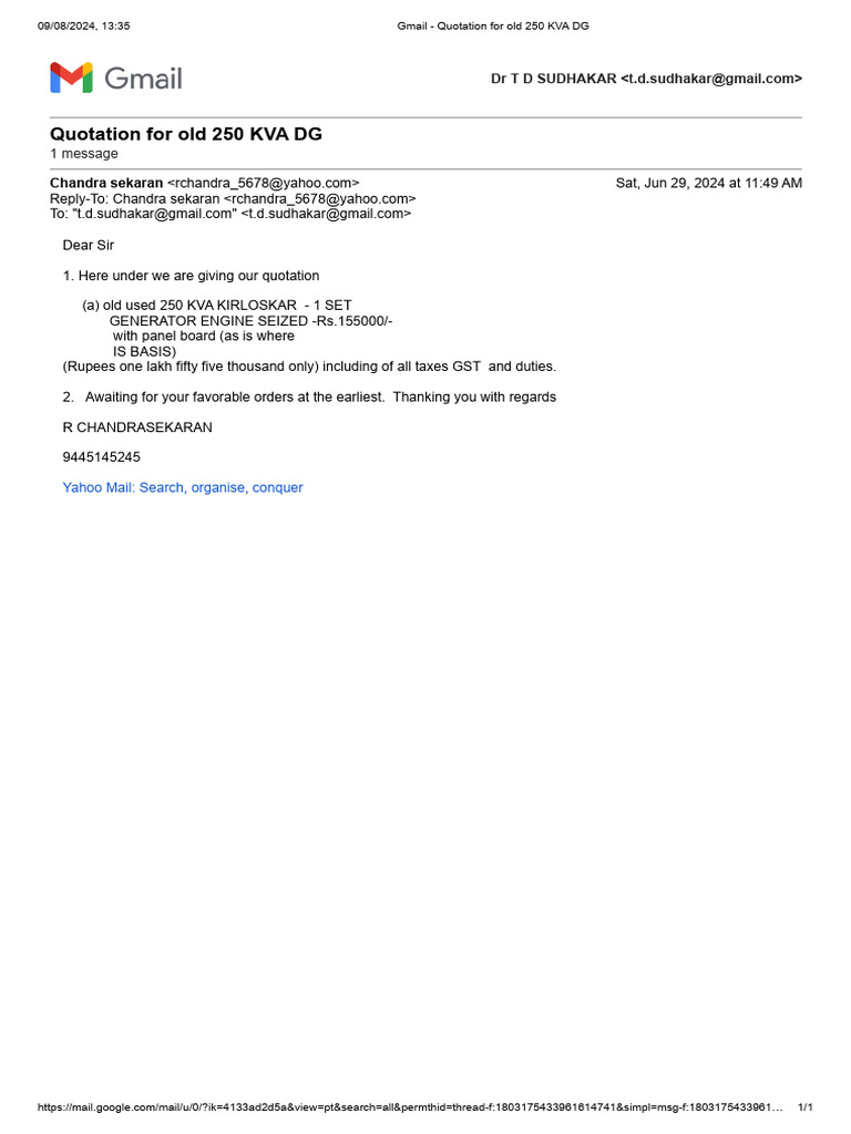 Gmail - Quotation For Old 250 KVA DG | PDF