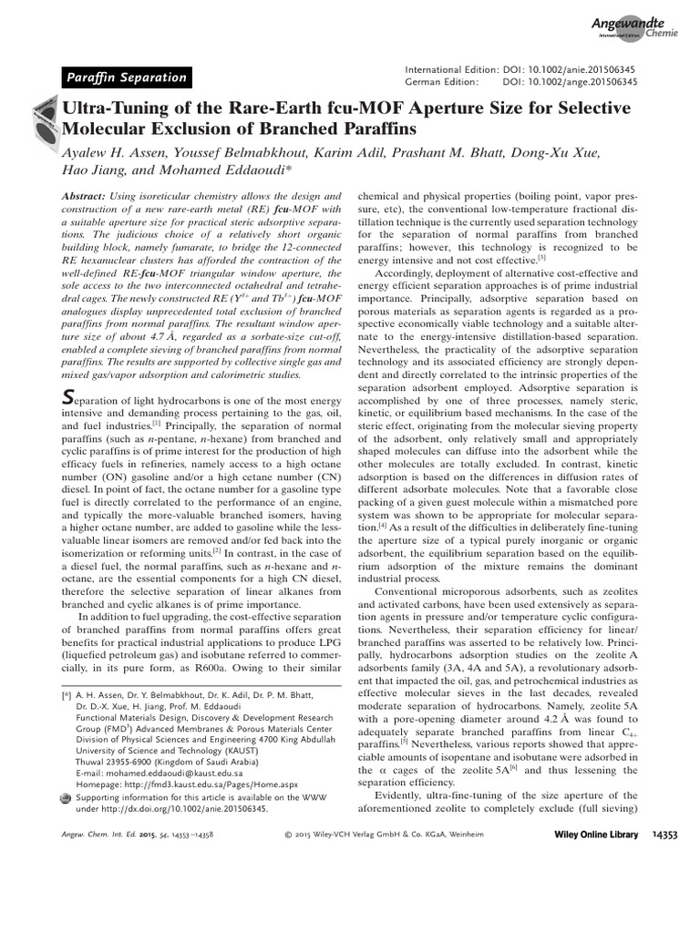 Angew Chem Int Ed - 2015 - Assen - Ultra Tuning of The Rare Earth Fcu MOF Aperture Size For ...