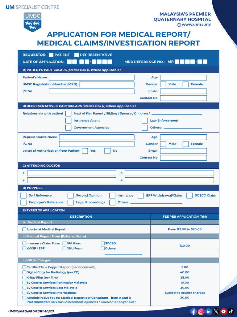 UMSC Medical Report Application Form 2023 | PDF