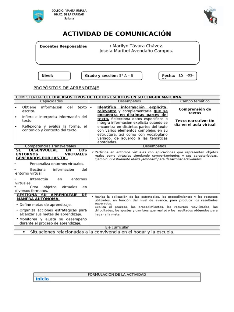 15 de MARZO - SESIÓN COMUNICACIÓN - Leemos y Comprendemos Un Texto Narativo. Un Día en El Aula ...