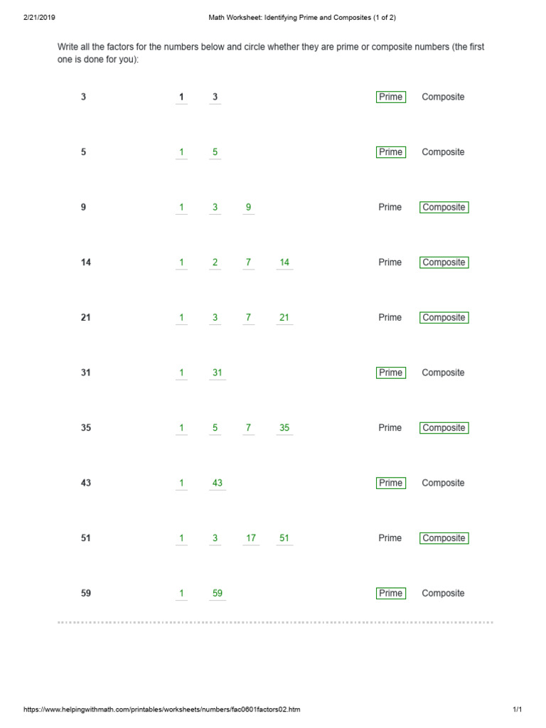 Math Worksheet - Identifying Prime and Composites (1 of 2) Answer | PDF