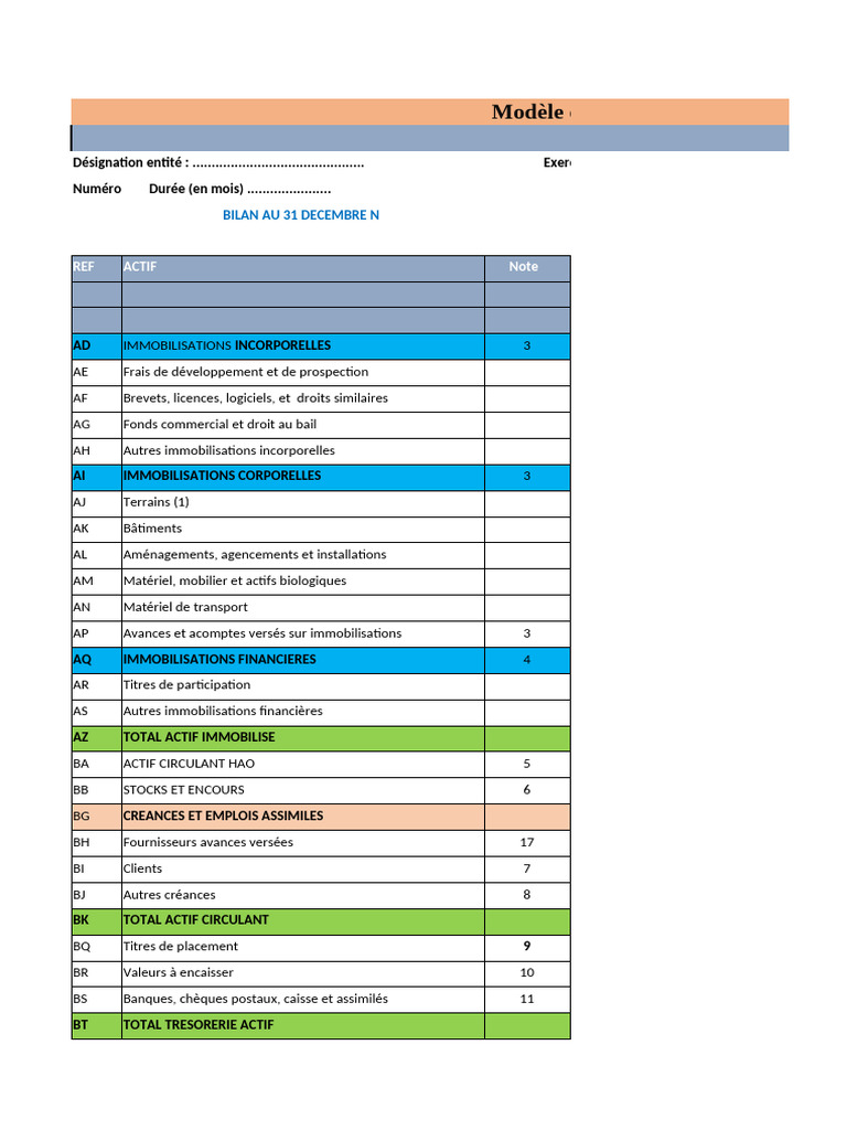 Modèle Bilan OHADA Excel Gratuit | PDF | Capitaux propres | Bilan comptable