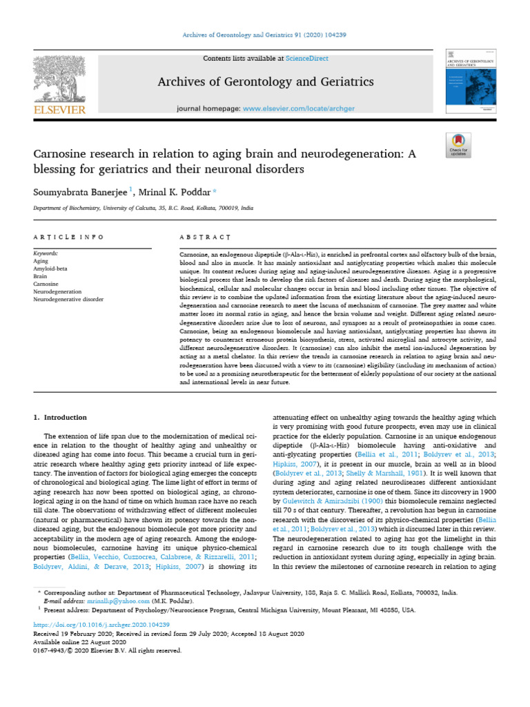 Carnosine Research in Relation To Aging Brain and Neurodegeneration ...