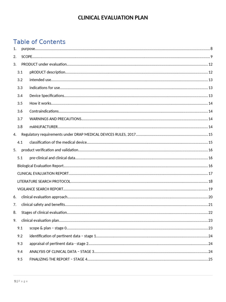 Clinical Evaluation Plan Table of Content | PDF | Medical Device | Medicine