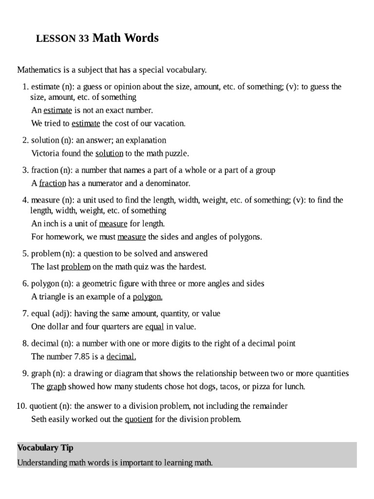 MathWords Lesson33Practice | PDF