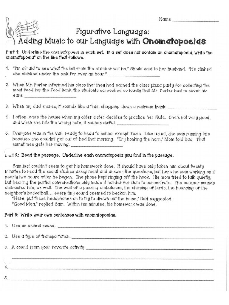 Figurative Language Practice Onomatopoeias and Alliterations | PDF