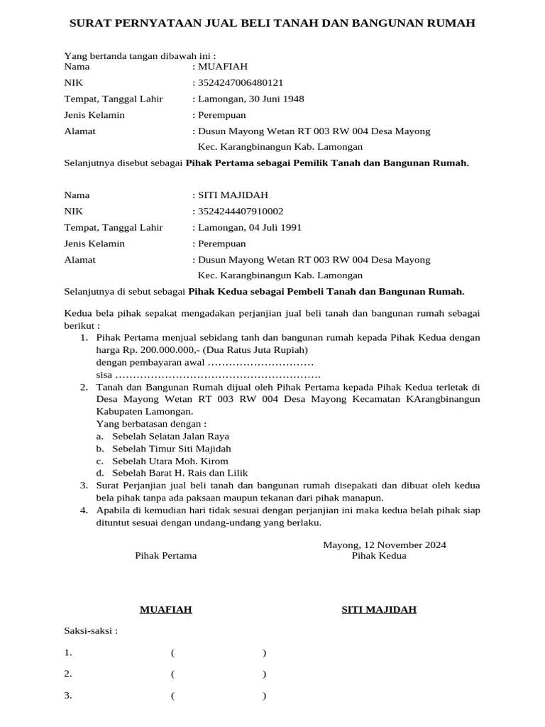 Surat Pernyataan Jual Beli Tanah Dan Bangunan Rumah | PDF