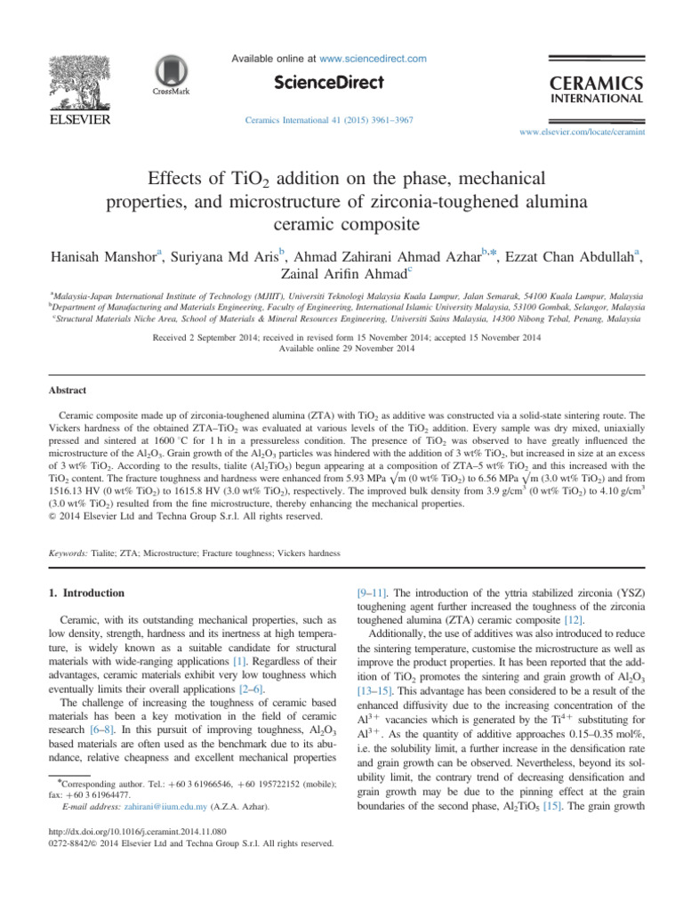 Effects of TiO2 Addition On The Phase - Mechanical Properties and Microstructure ZTA | PDF ...