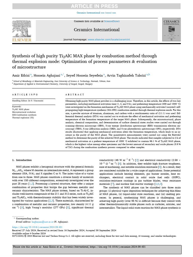 Synthesis of High Purity Ti2AlC MAX Phase by Combustion Method Through ...