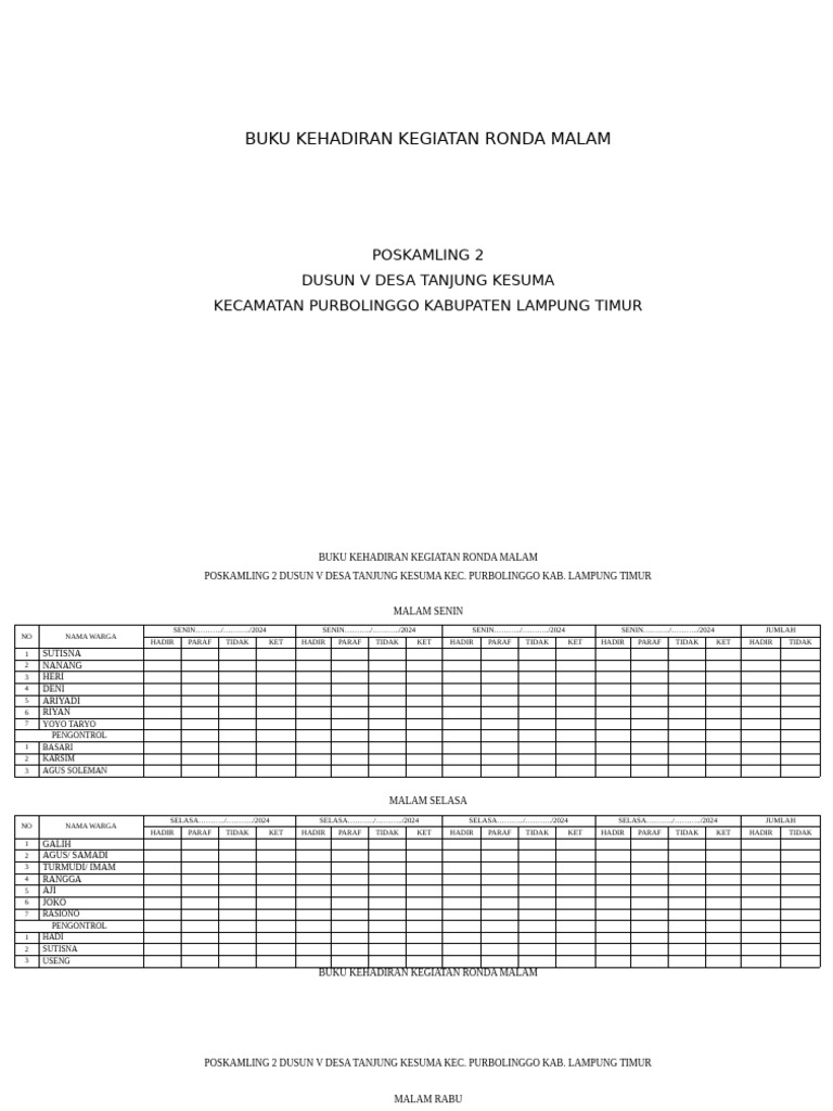 Buku Kehadiran Kegiatan Ronda Malam Pos 2 | PDF | Olahraga & Rekreasi ...