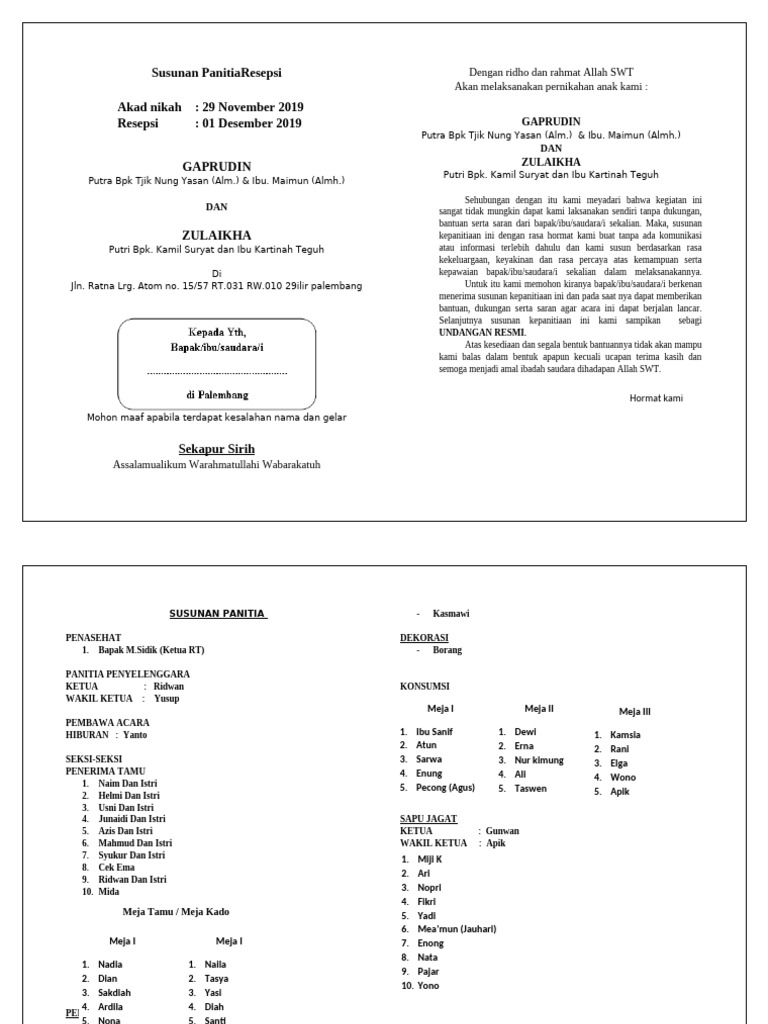 Susunan Panitia Resepsi Yuk Leha | PDF