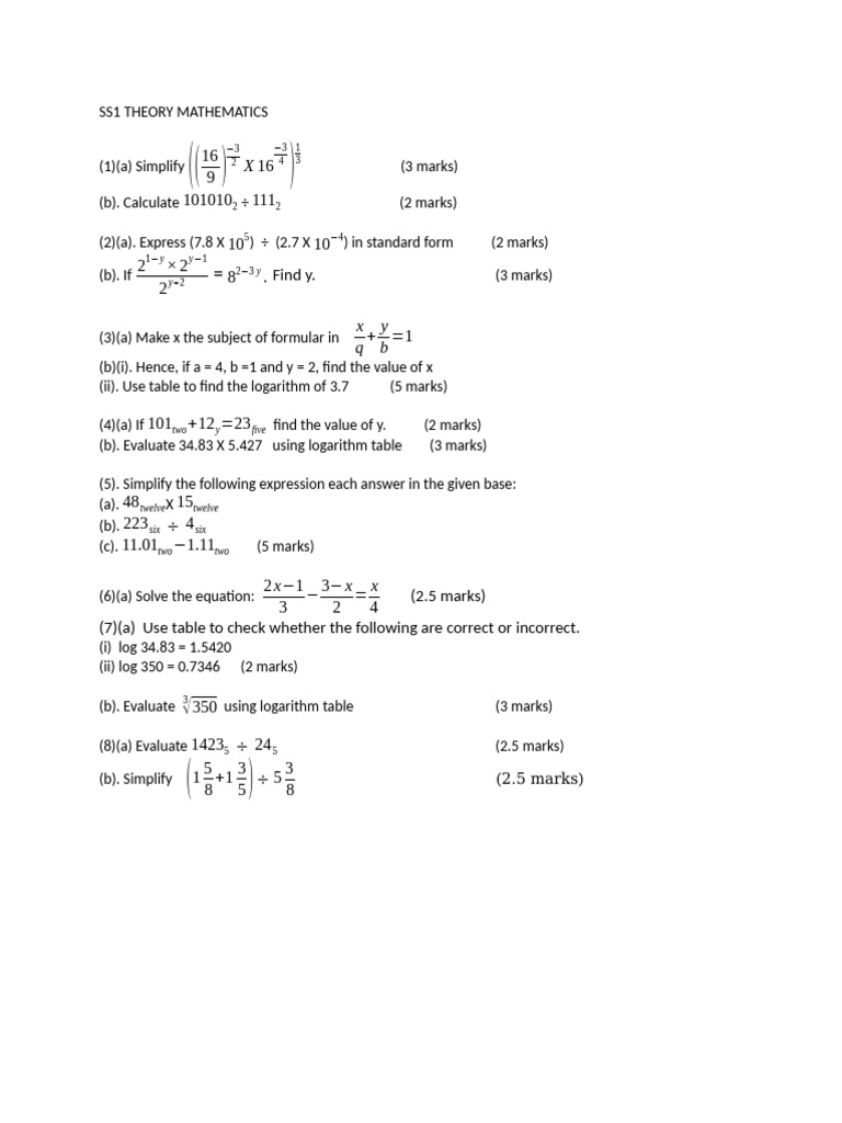 SS1 Mathematics Questions & Solutions | PDF