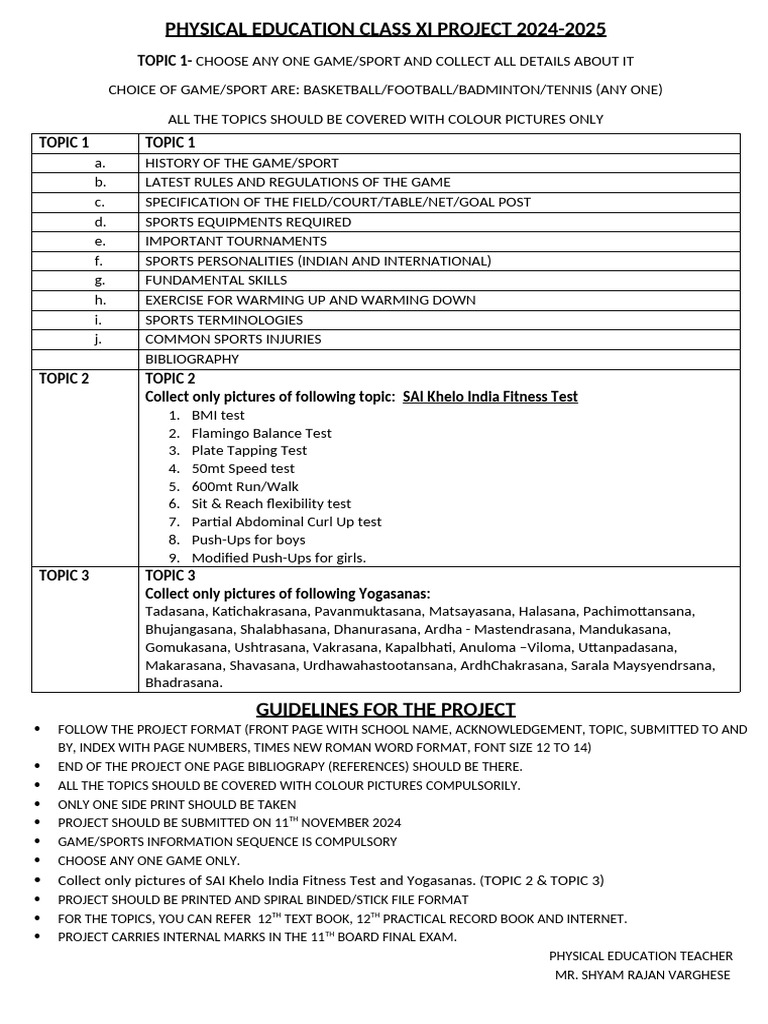 Class XI Physical Education Project Guide | PDF