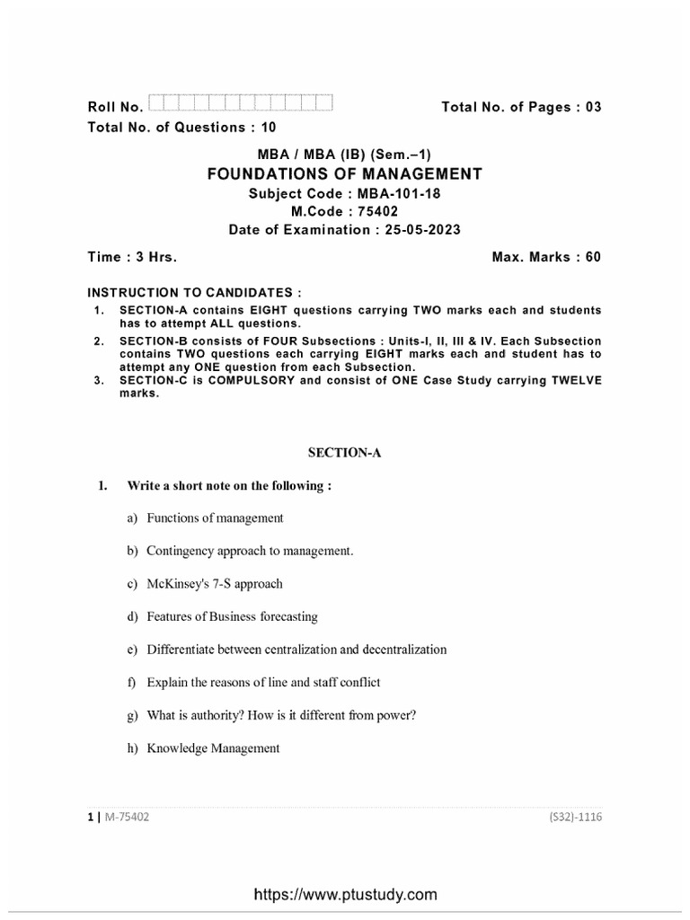Mba 1 Sem Foundations of Management 75402 May 2023 | PDF