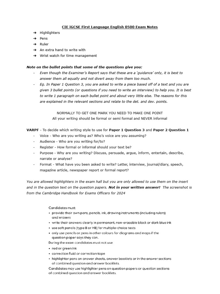 CIE IGCSE First Language English 0500 Exam Notes | PDF | Paragraph ...