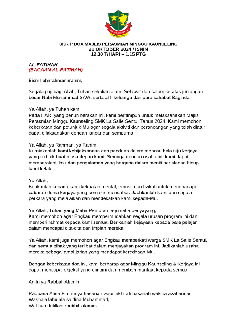 Skrip Doa Majlis Perasmian Minggu Kaunseling Kerjaya | PDF