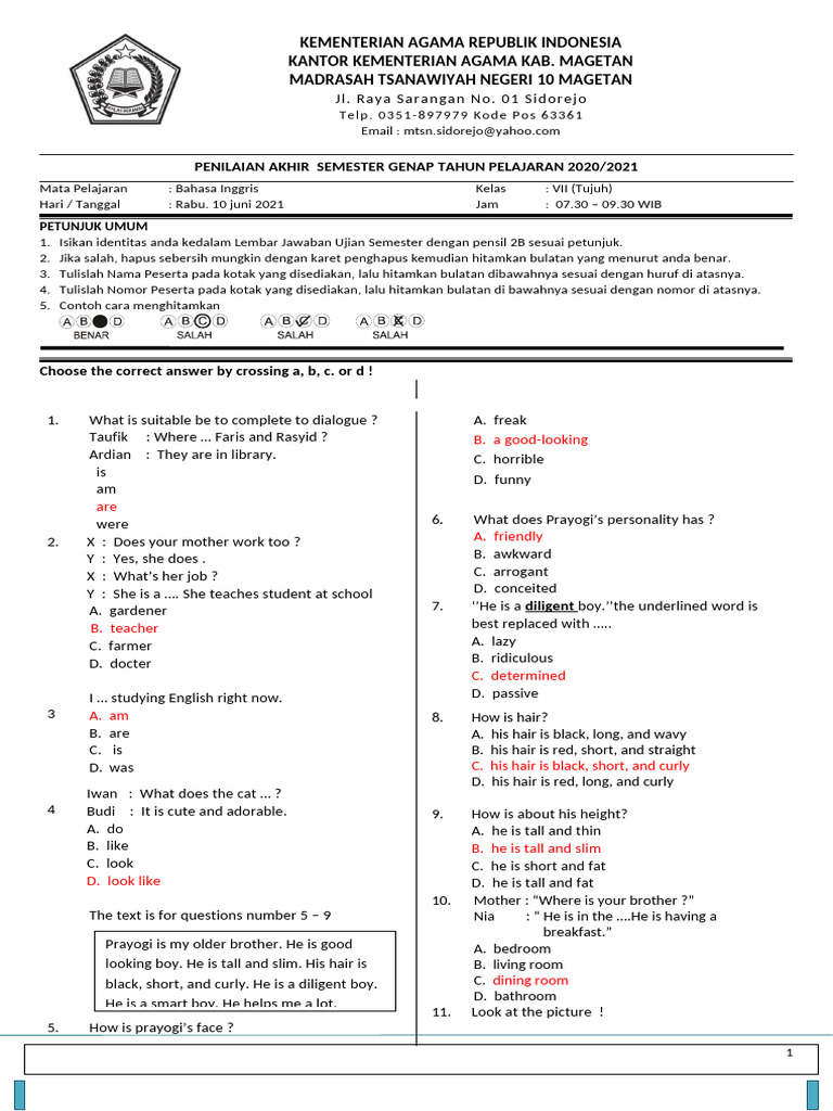 Soal Pas Genap KLS 7 2021 | PDF