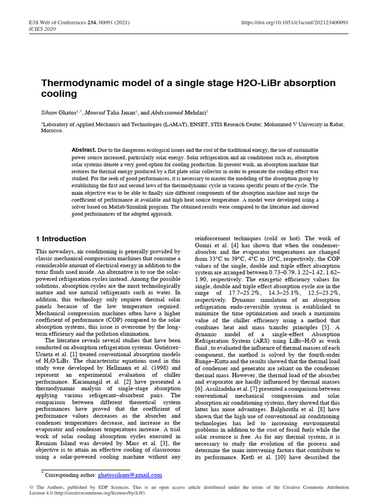 Thermodynamic Model of A Single Stage H2O-LiBr Abs | PDF | Air ...