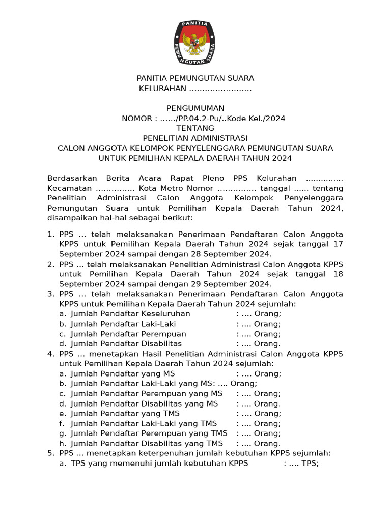 1 Pengumuman Pps Penelitian Administrasi Kpps | PDF