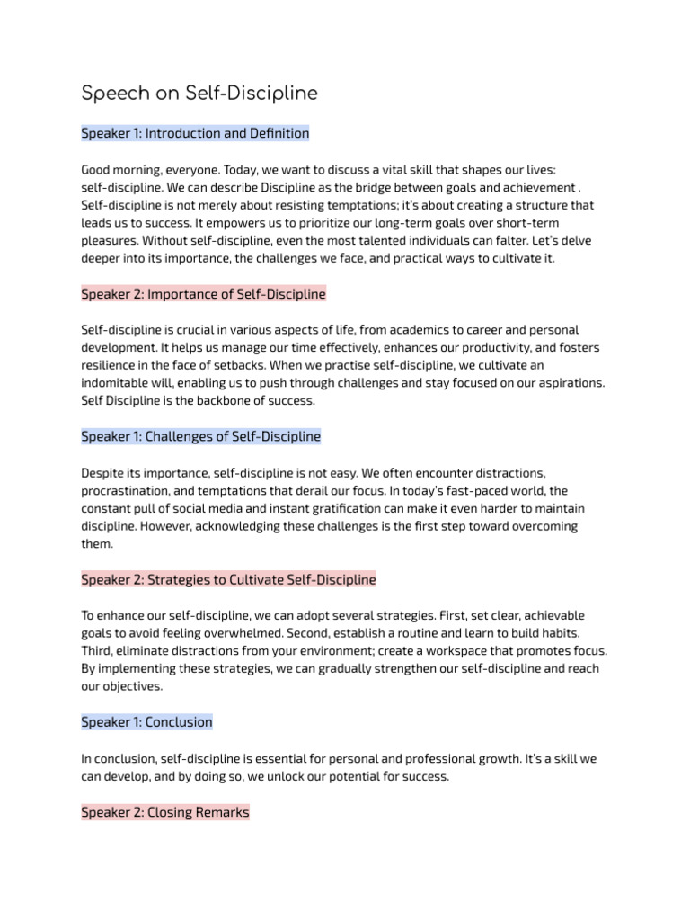 Speech On Self-Discipline | PDF