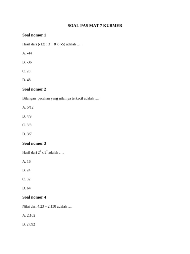 Soal Pas Mat 7 Kurmer | PDF