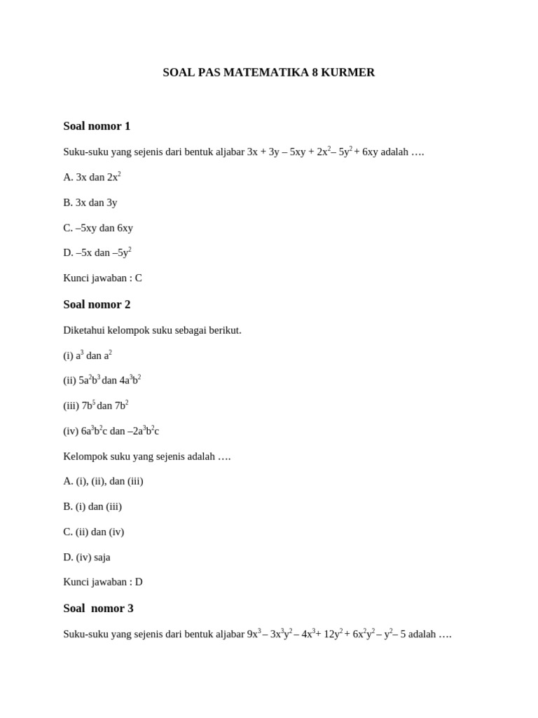 Soal Pas Matematika 8 Kurmer | PDF