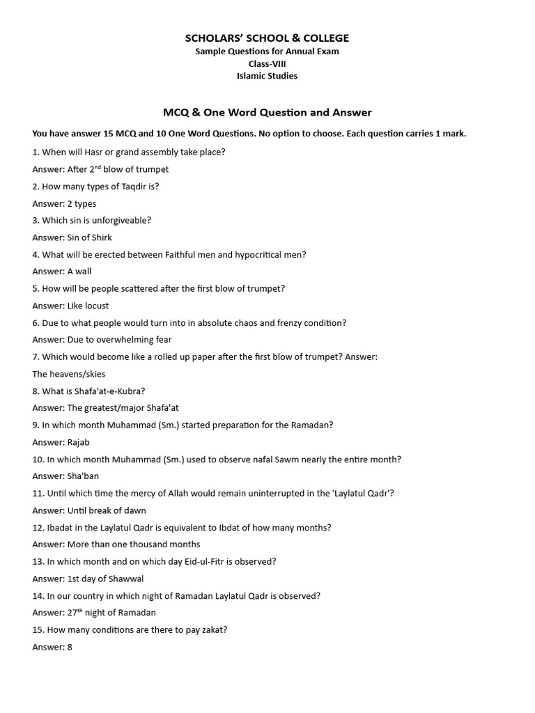 Islamic Studies Exam Questions for Grade 8 | PDF | Ramadan | Religious ...