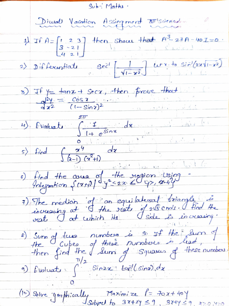 Diwali Vacation Assignment STD 12 TH Maths 24-25 | PDF