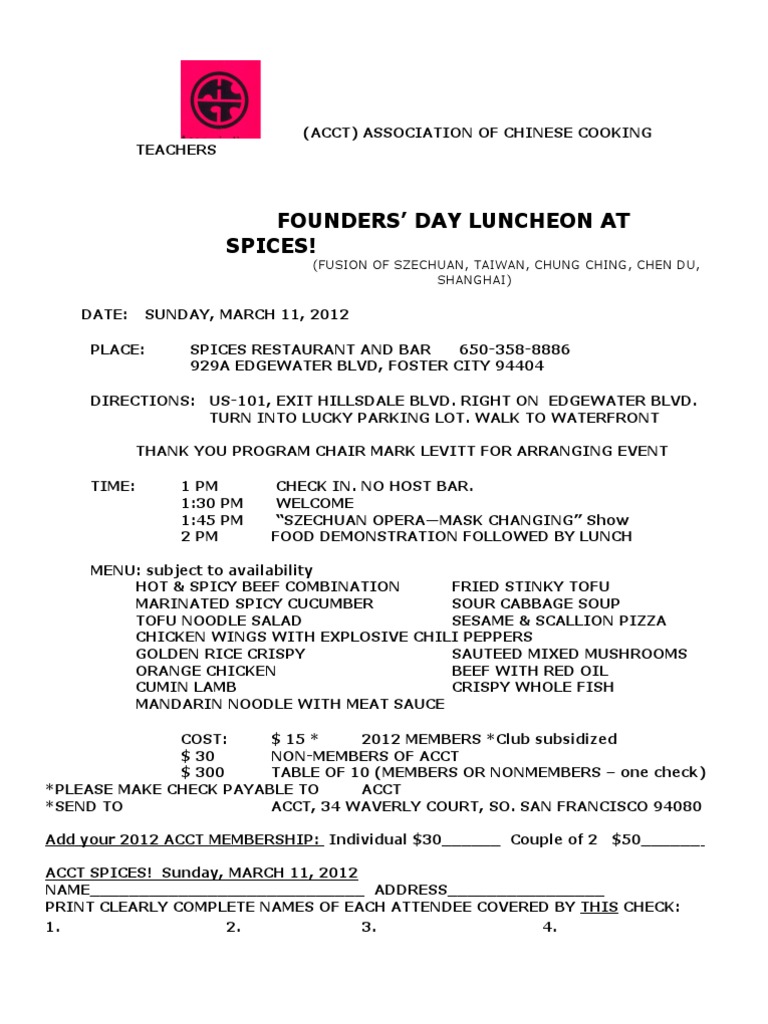 Founders' Day Luncheon at Spices | PDF | Chinese Cuisine | Lunch