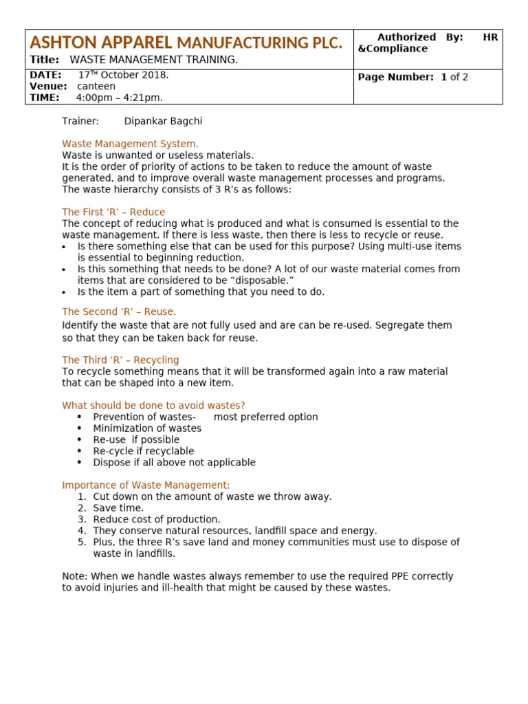 WASTE MANAGEMENT TRAINING | PDF | Waste | Waste Management