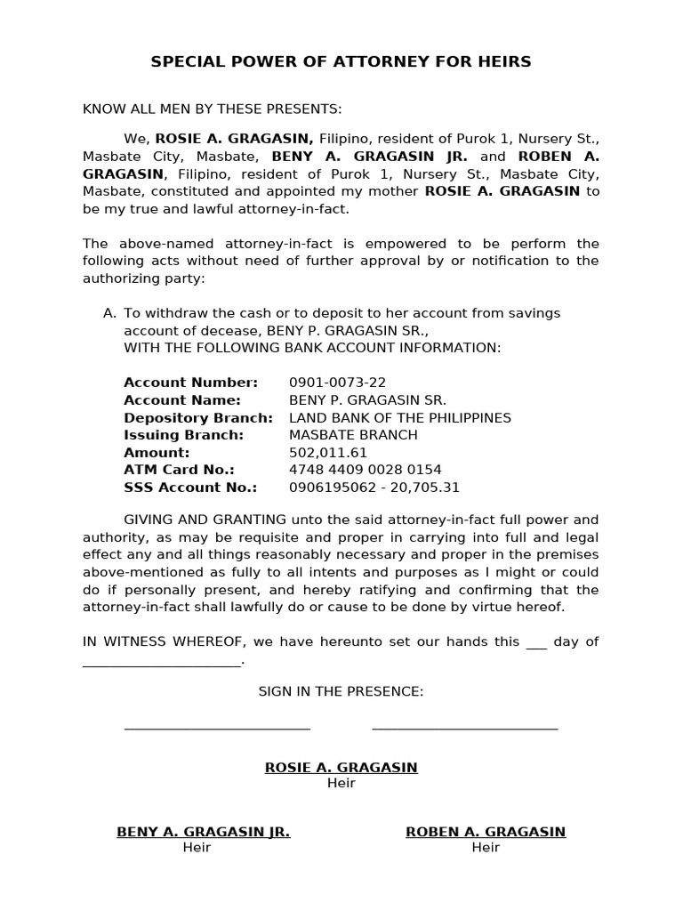 Special Power of Attorney For Heirs | PDF