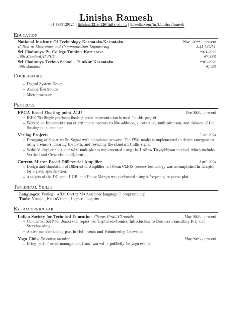 Linisha Ramesh: Electronics Engineering Profile | PDF | Computer ...