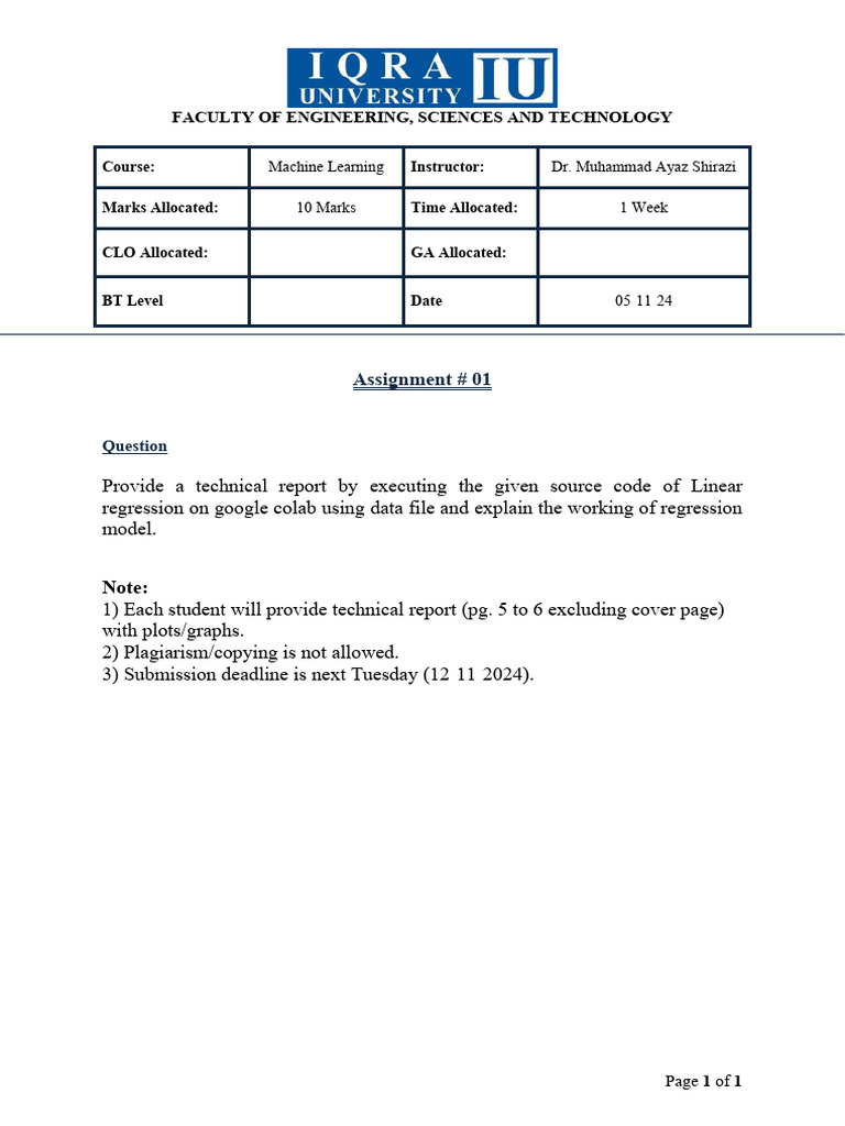Assignment 01 ML | PDF