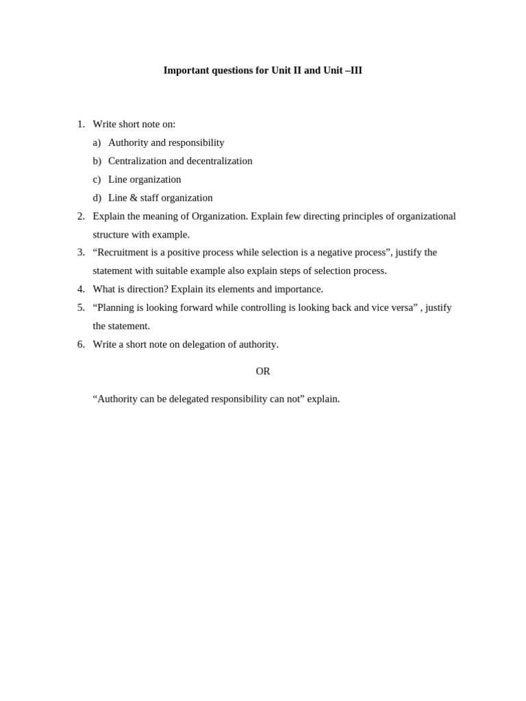 MPOB - Important Questions For Unit II and Unit | PDF